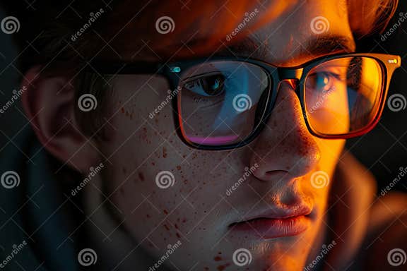 Reflection Of Data On The Eyeglasses Worn By A Computer Programmer Analyzing Big Data Stock