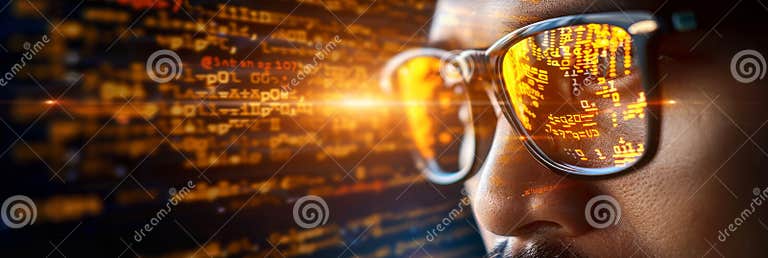 Reflection Of Data On Eyeglasses Worn By A Computer Programmer Analyzing Big Data Stock