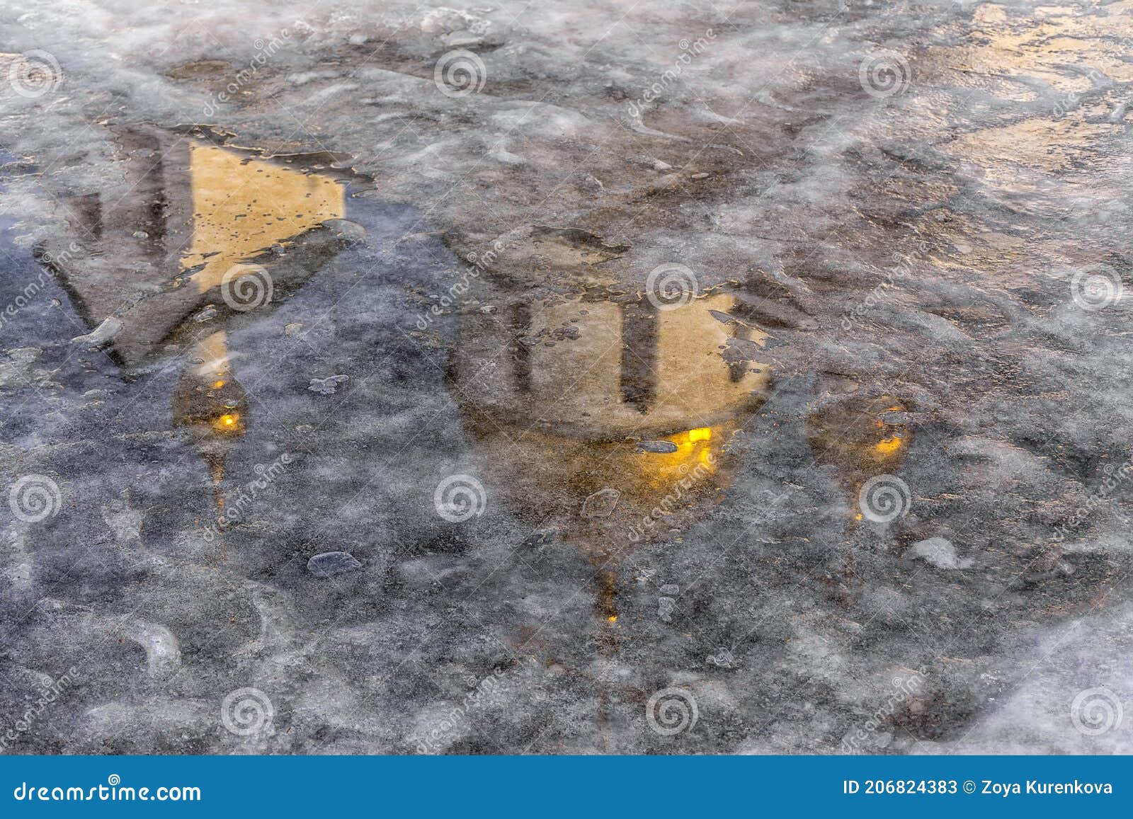 Reflection of the Dome of the Temple in the Frozen Melted Snow Stock ...