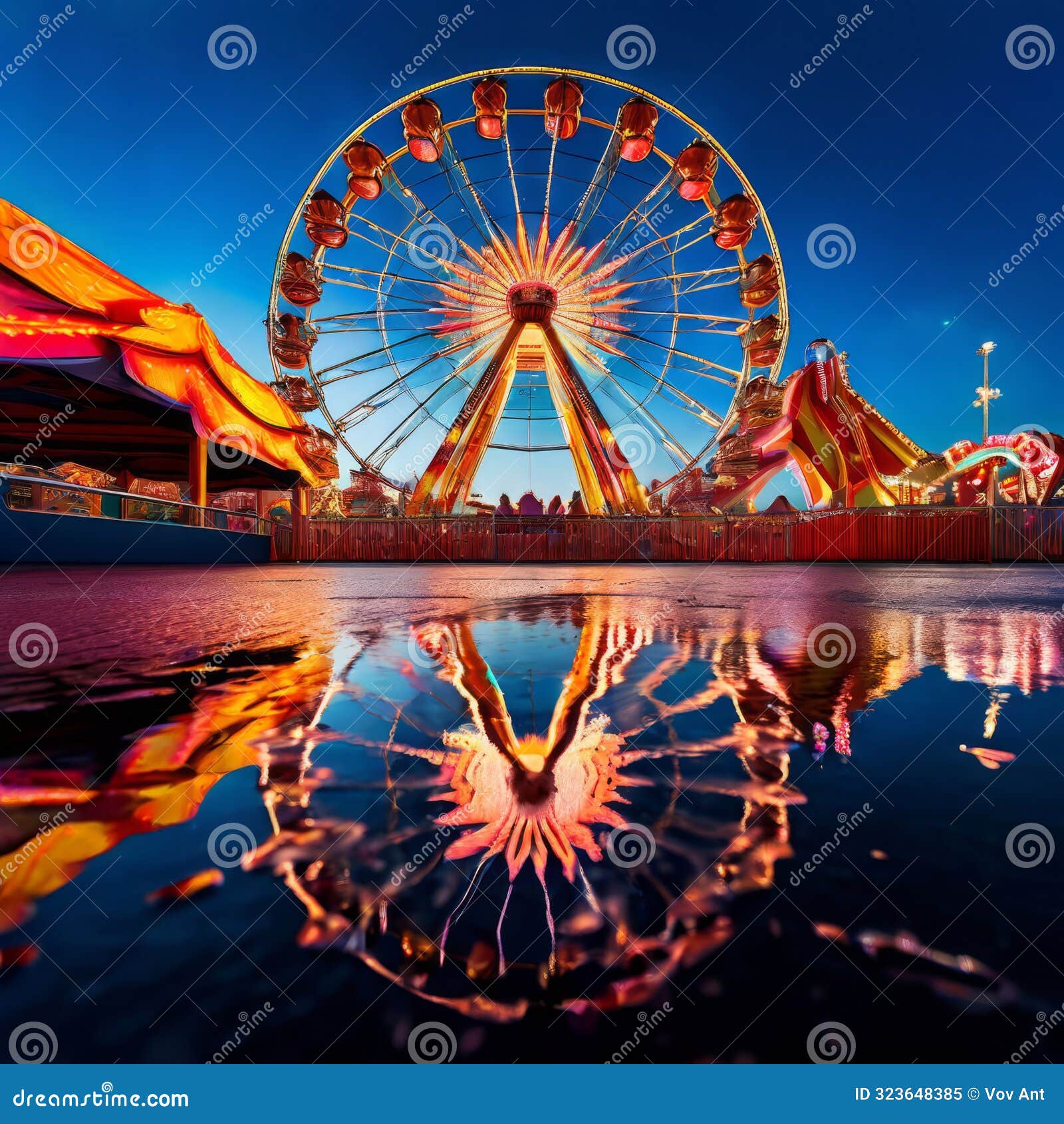 Reflection of a Ferris Wheel in a Carnivals Water Feature Show Stock ...