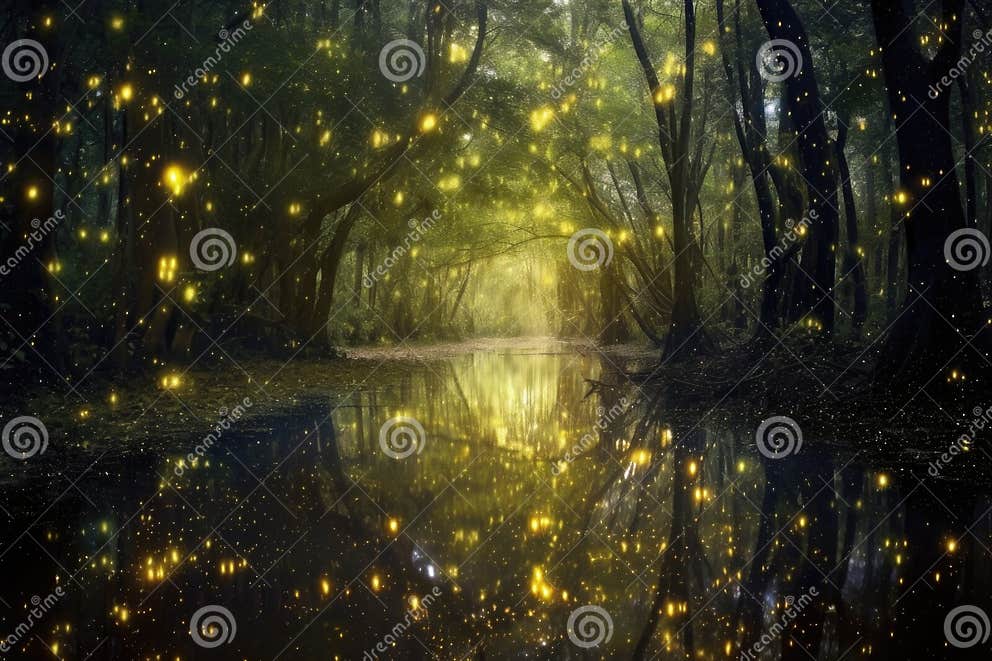 Reflection of Fireflies Light on Swamp Surface Stock Illustration ...