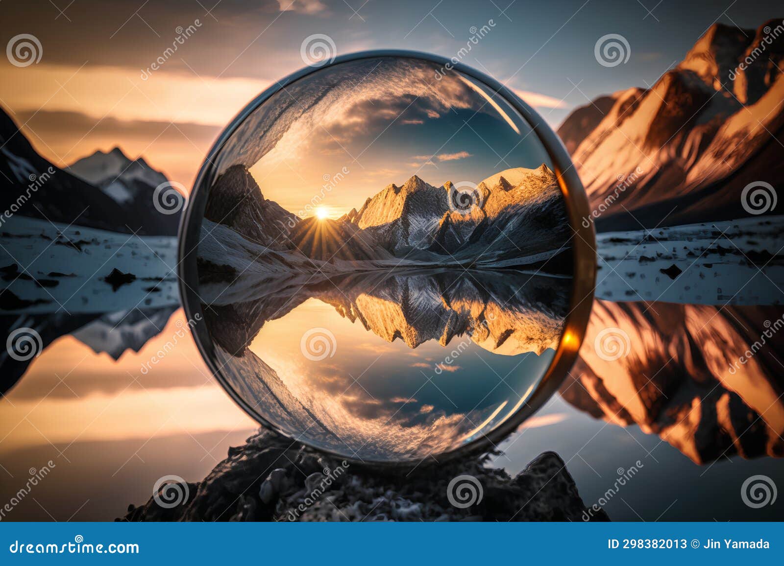 Reflection in Glass Ball of Mountains at Sunset. 360 Degree Panorama ...
