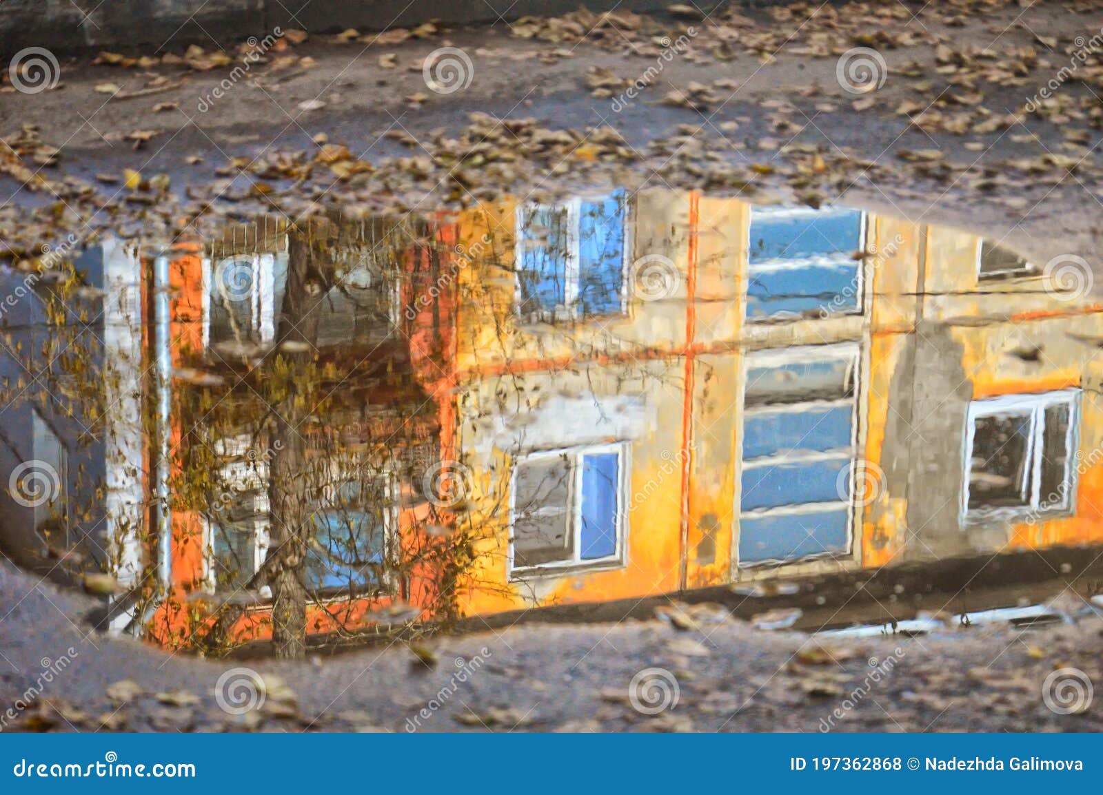 Reflection of a House Building in an Autumn Puddle on the Asphalt ...
