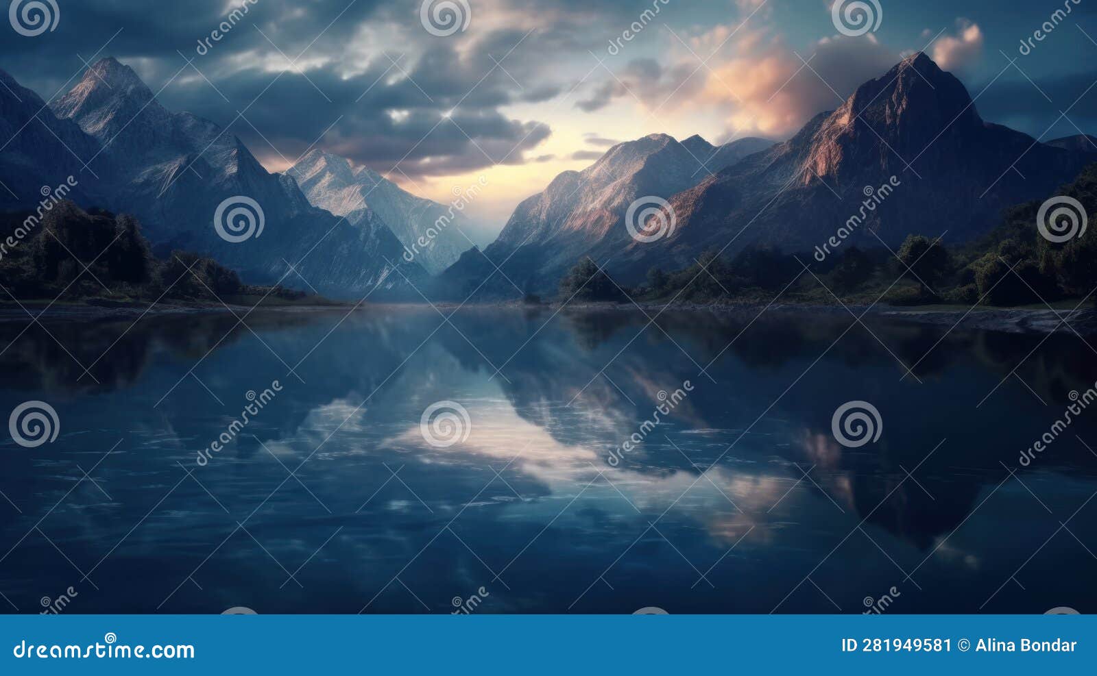 Reflection of a Lake at the Foot of the Mountains in the Evening. it ...