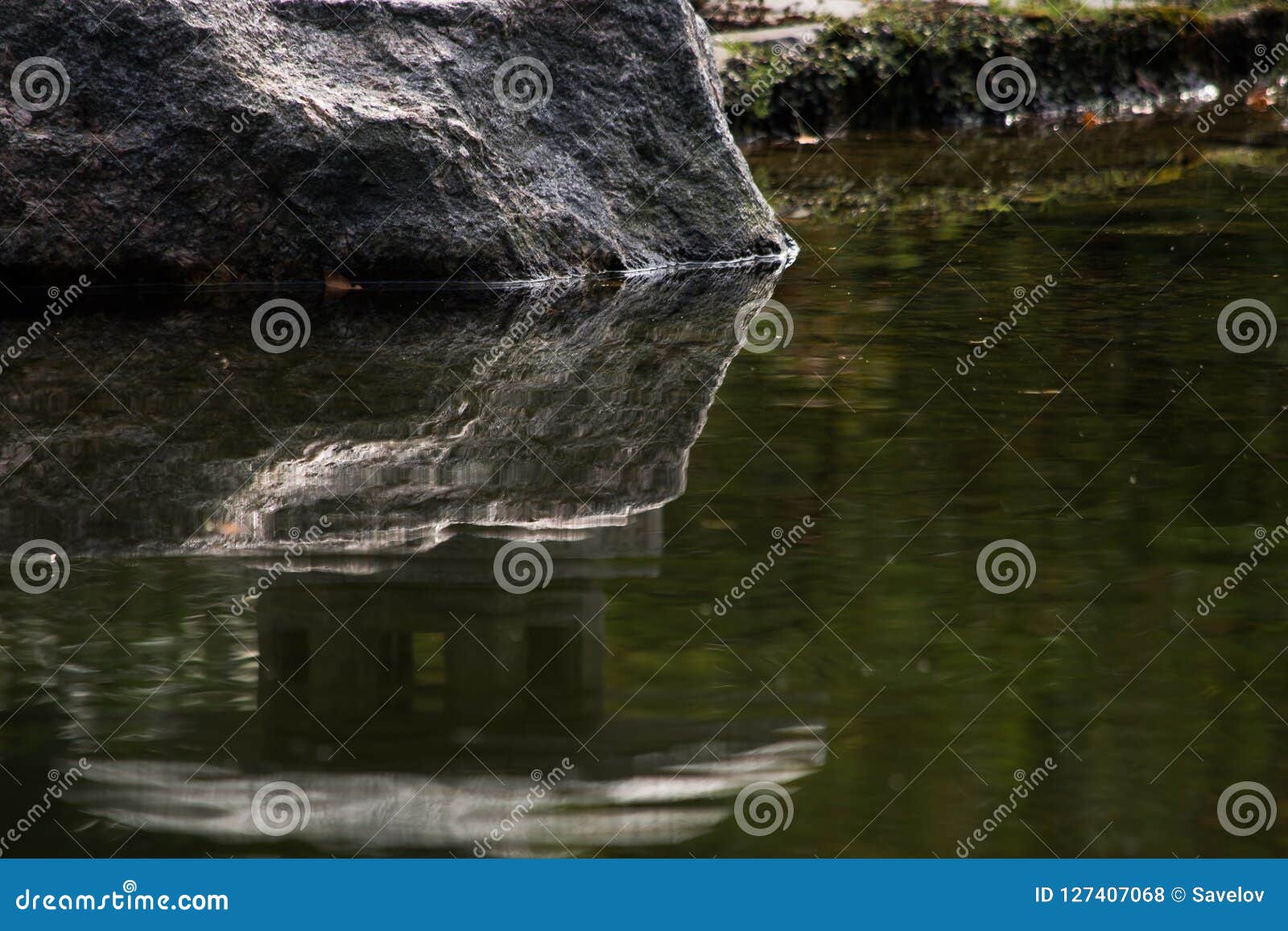 Reflection of a Large Stone in the Surface of the Water Near the Shore ...