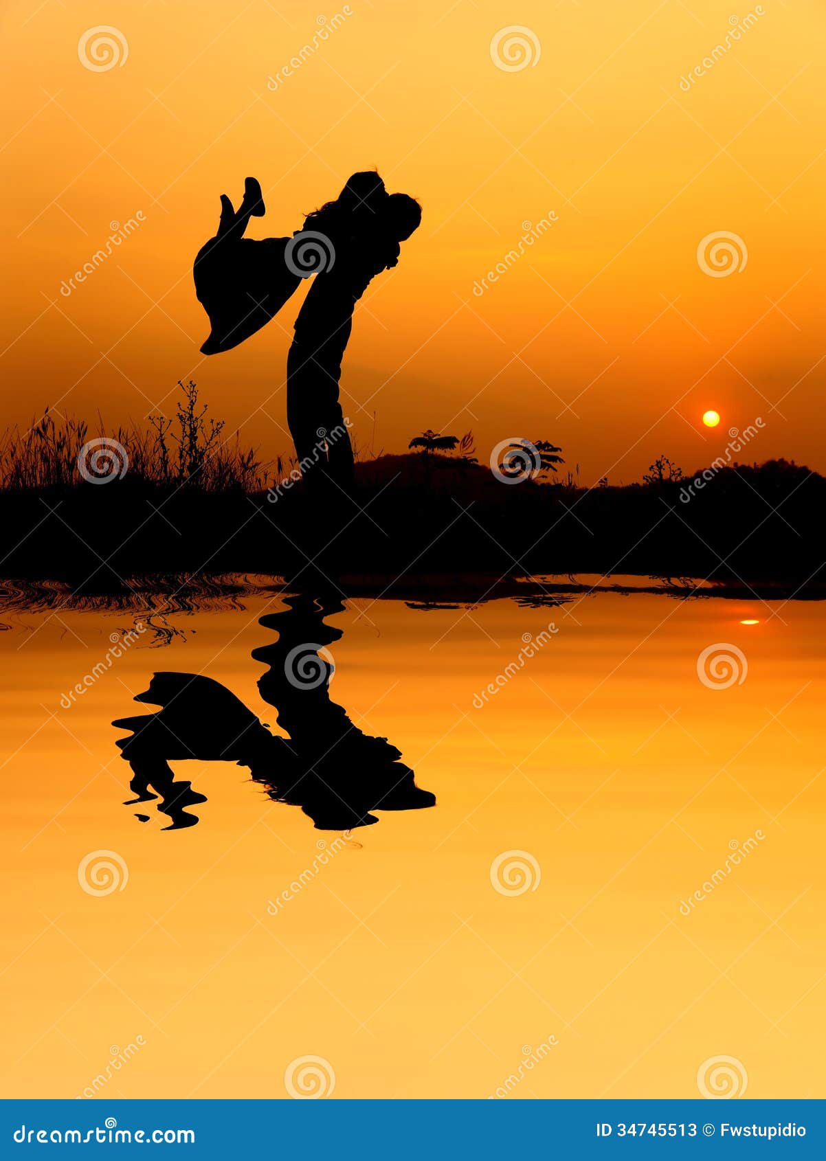 Reflection of Man and Woman Love Silhouette in Sunset Stock Image ...