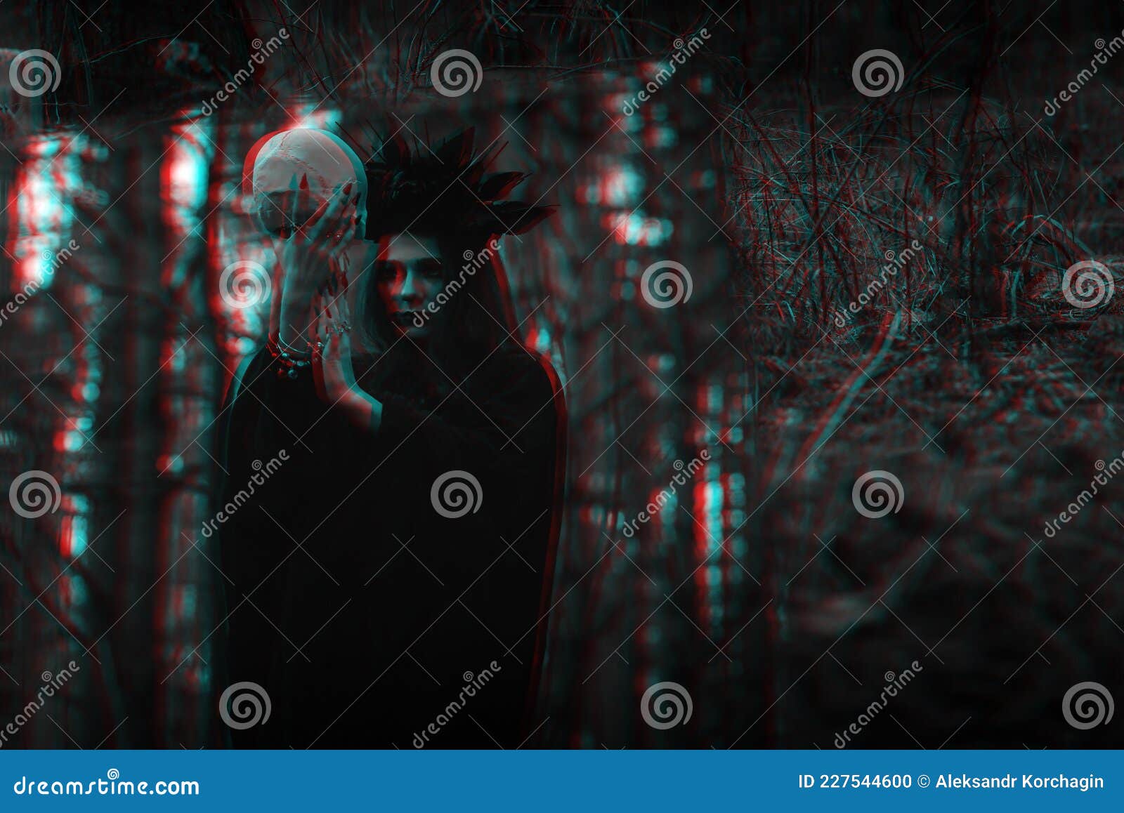 Reflection in the Mirror of an Evil Scary Witch with a Dead Man S Skull ...