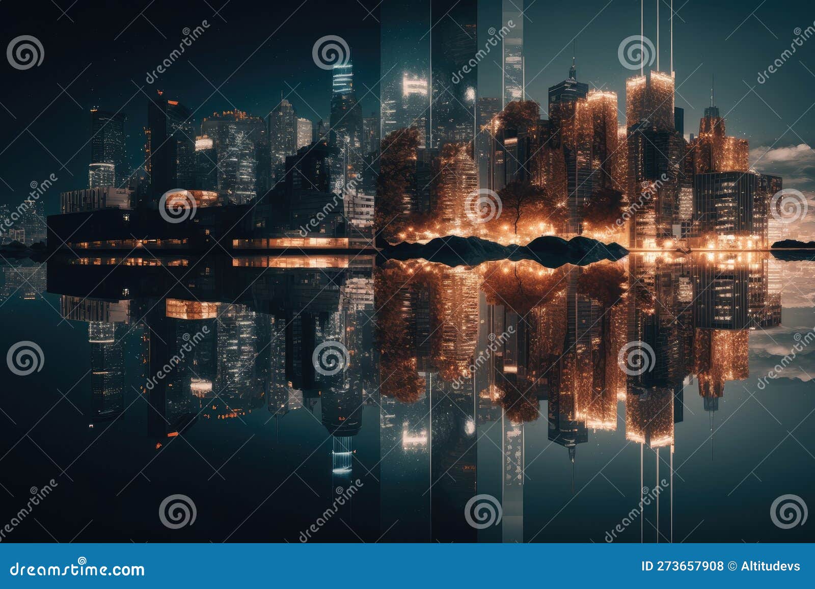 Reflection of a Modern Metropolis at Night, with Lights of the ...
