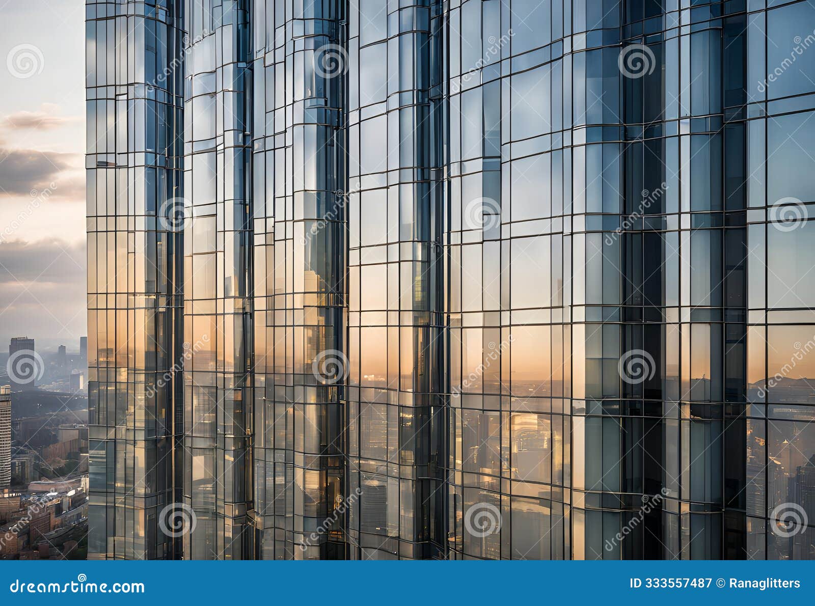 Reflection of Modern Skyscrapers in Windows of Office Building, during ...
