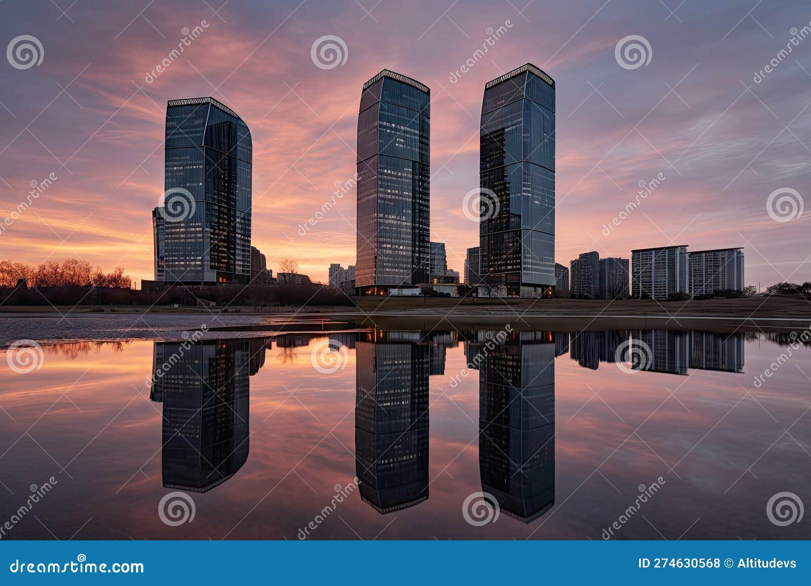 Reflection of Modern Towers, with Colorful Sunset in the Background ...