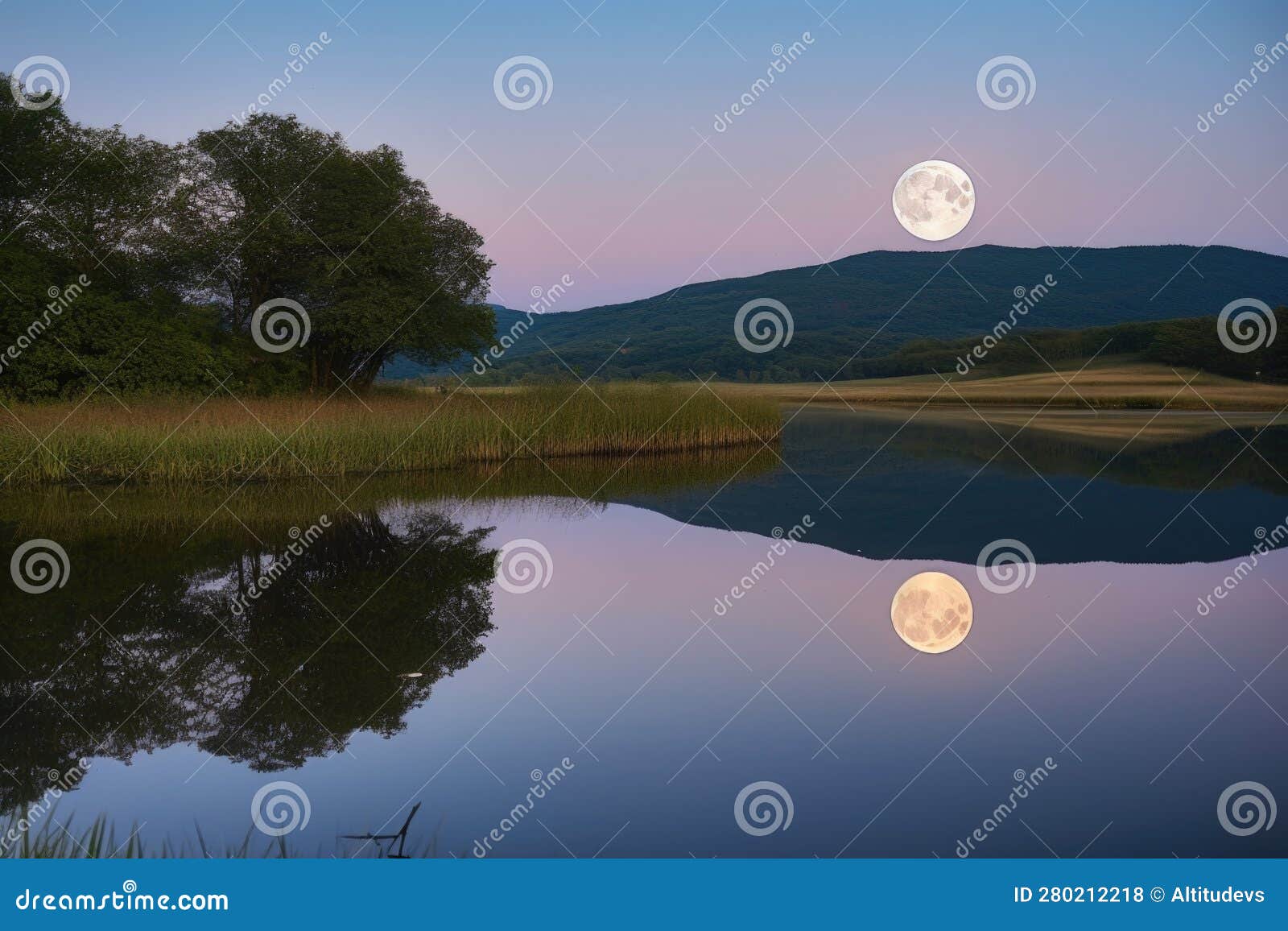 Reflection of the Moon on Tranquil Lake Stock Illustration ...