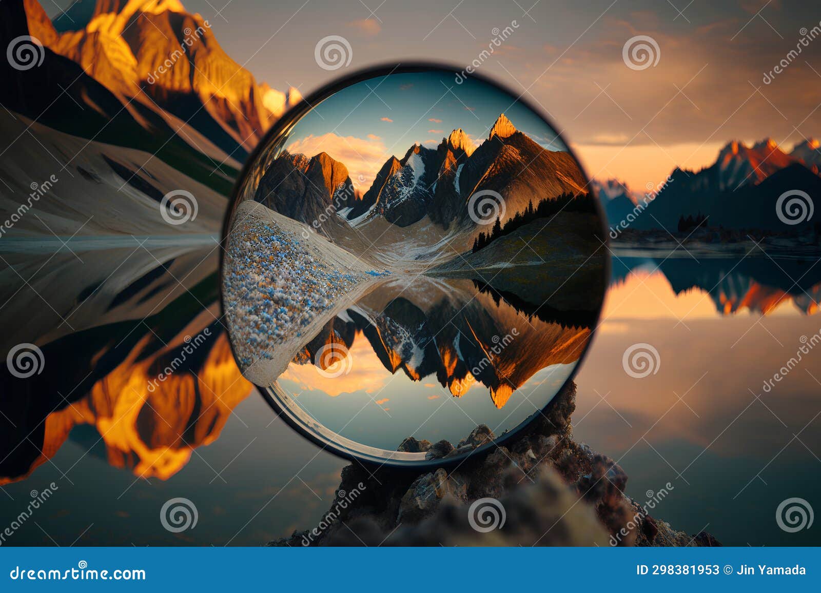 Reflection of Mountains in Crystal Ball. 360 Degree Spherical Panorama ...