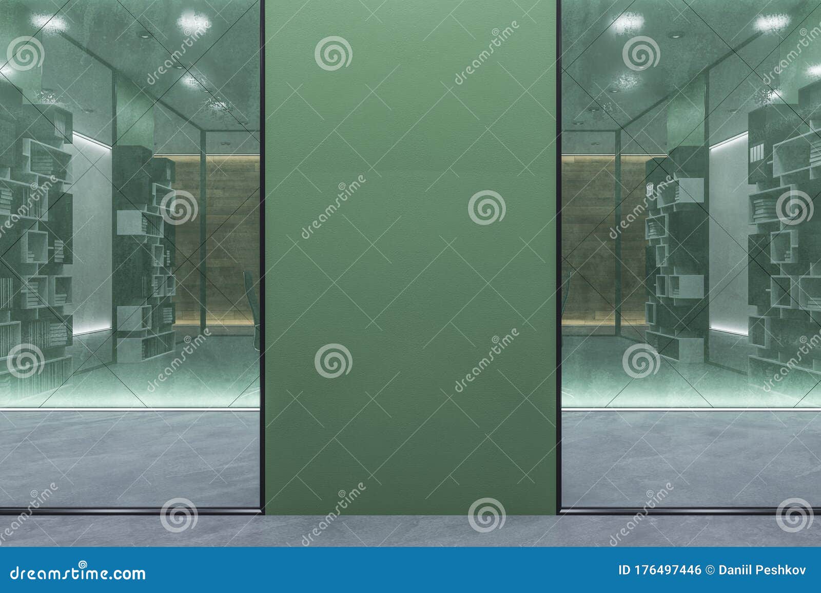Reflection of a Office Interior in Glass with Blank Wall Stock ...