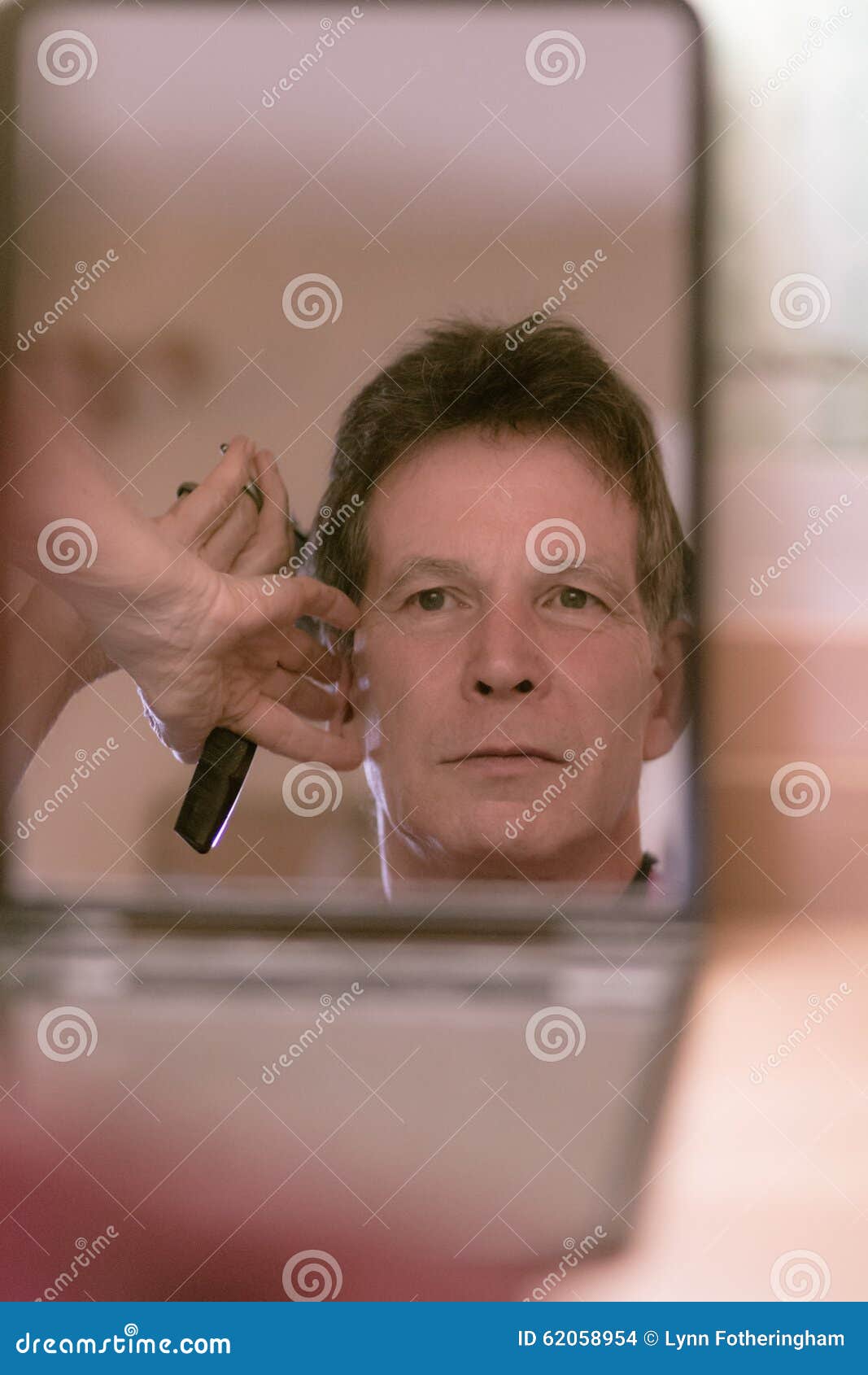 Reflection of Older Man Looking in Mirror Stock Photo - Image of hair ...