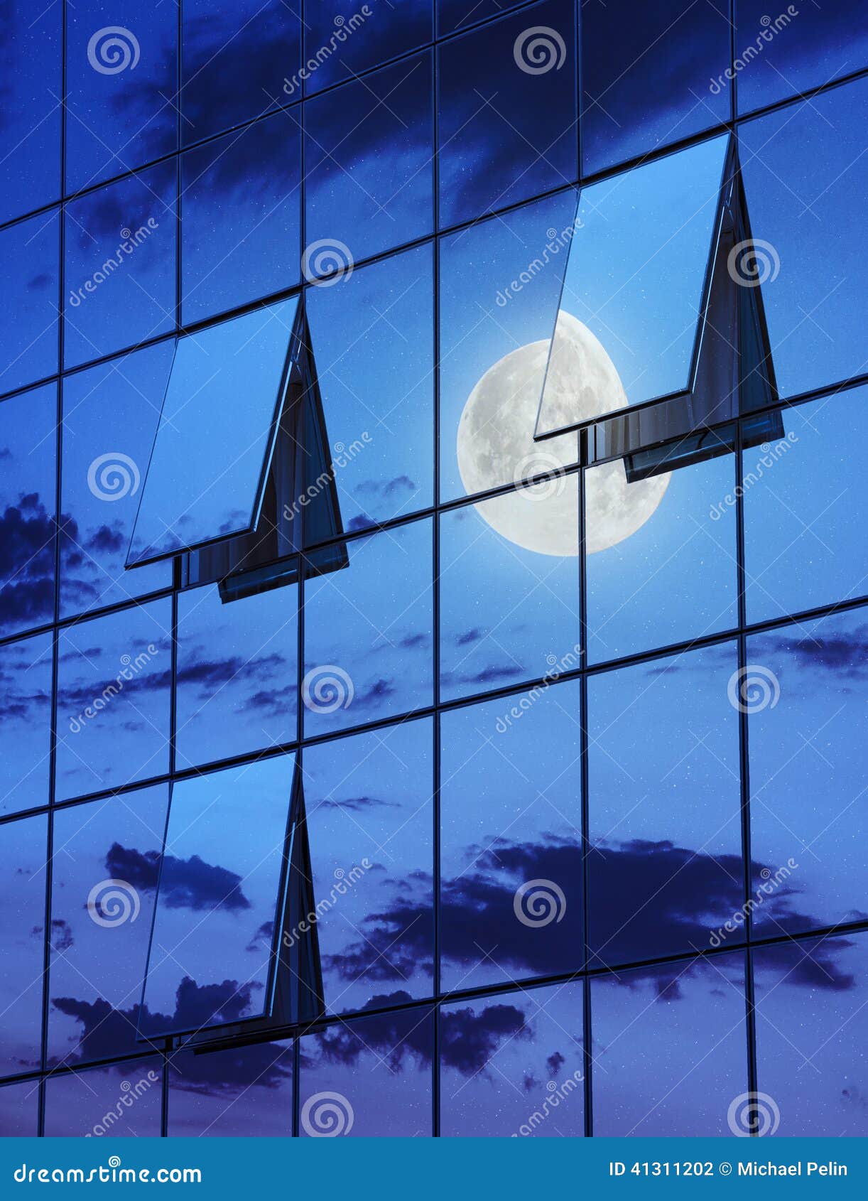 Reflection in Open Windows of Skyscraper at Nigh Stock Photo - Image of ...