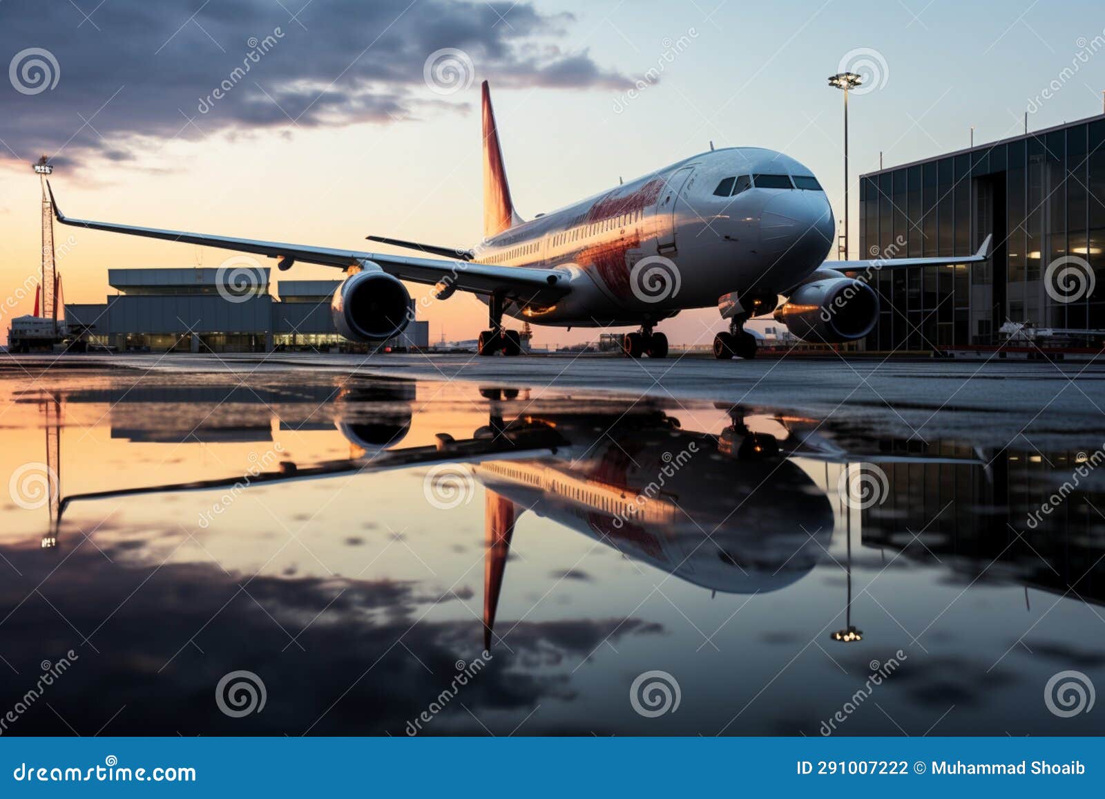 Reflection of a Passenger Aircraft Near the Jetway Captured in a Puddle ...