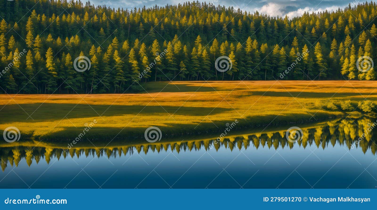 Reflection of Pine Trees in the Lake. Panoramic View. Beautiful Summer ...