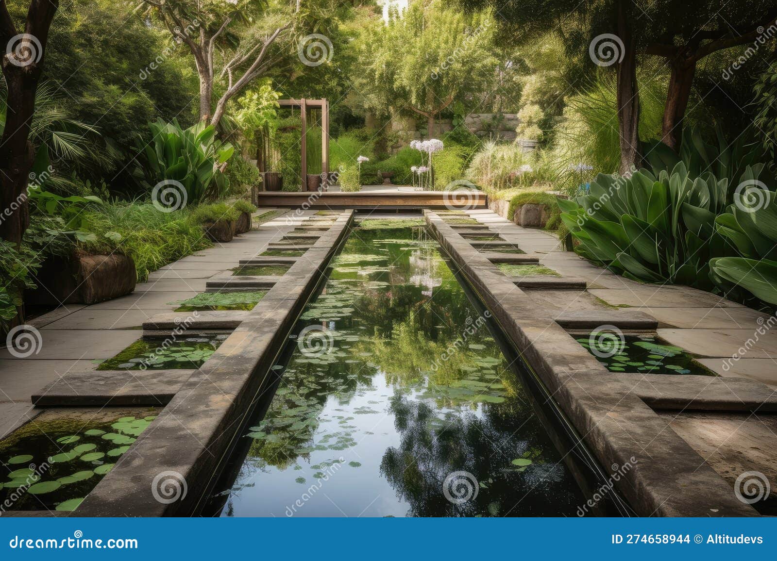 Reflection Pool with Stone Pathways and Stepping Stones Surrounded by ...