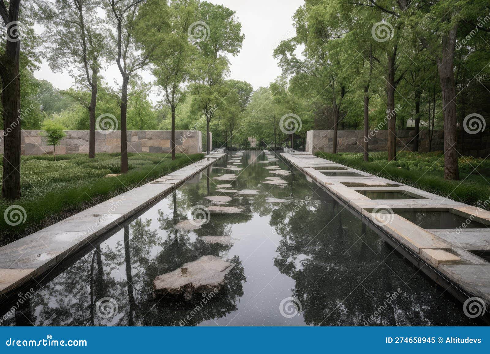Reflection Pool with Stone Pathways and Stepping Stones Surrounded by ...