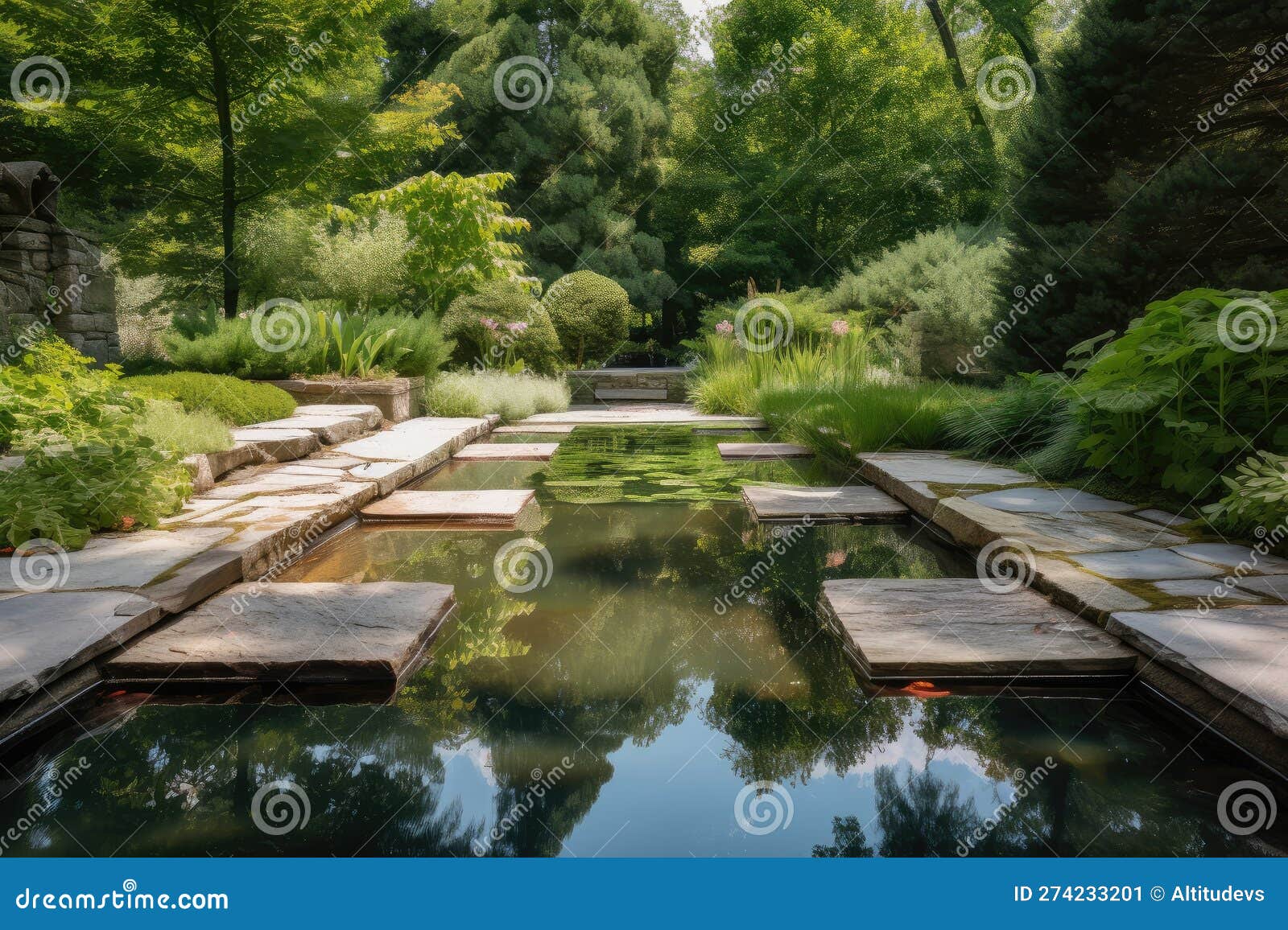 Reflection Pool with Stone Pathways and Stepping Stones Surrounded by ...