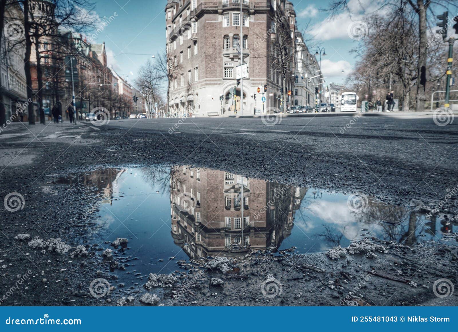 Reflection in Puddle on City Street Stock Image - Image of waterway ...