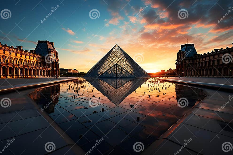 The Reflection of a Pyramid in a Fountain with an Sky Background Stock ...