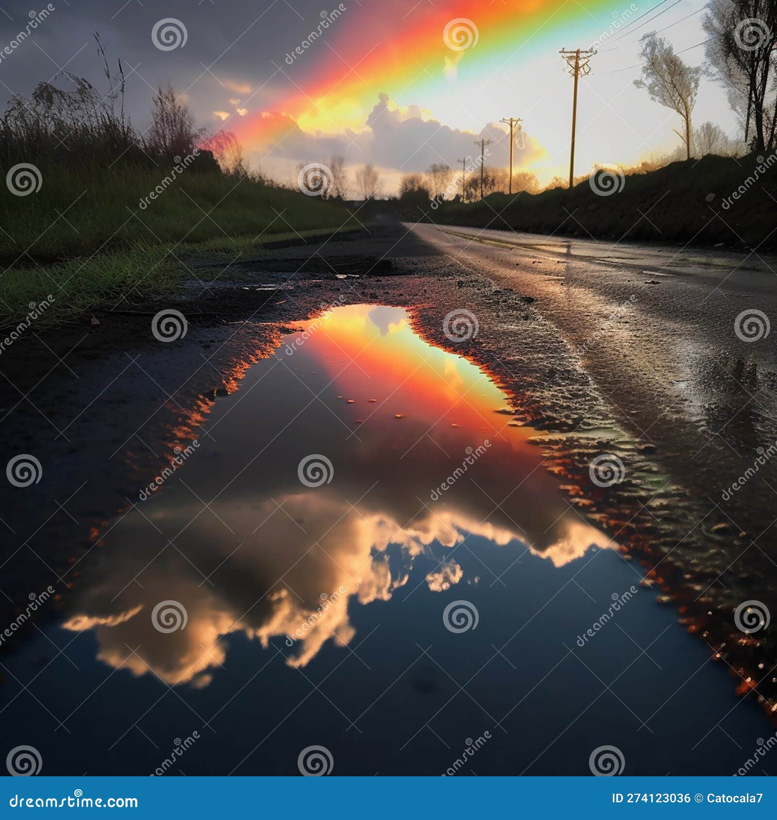 Reflection of a Rainbow and Clouds in a Puddle on the Road after Rain ...
