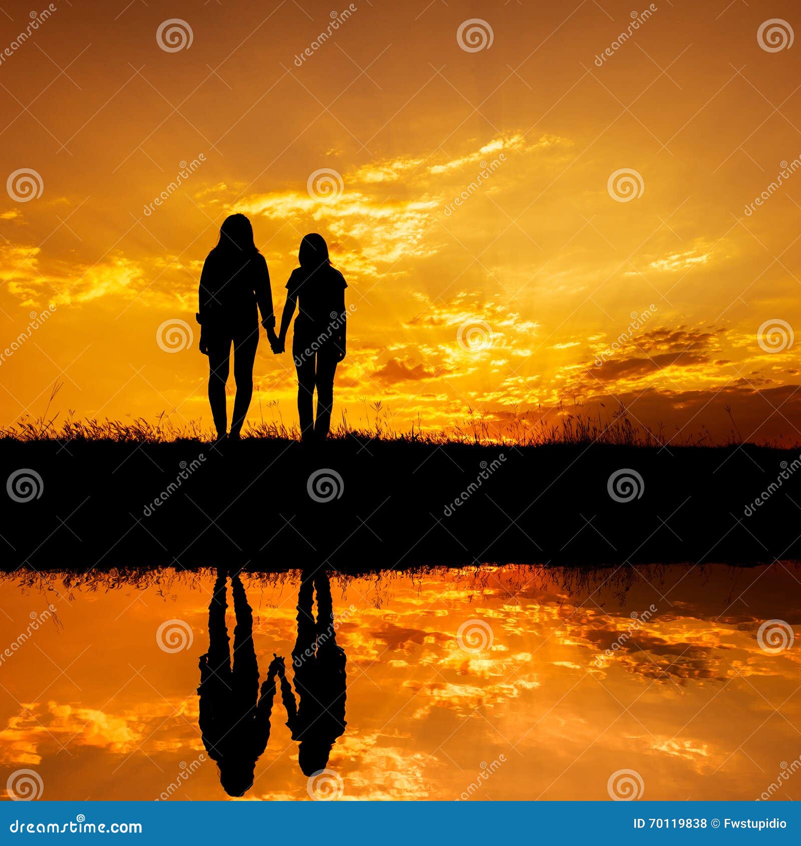 Reflection of Relax Women Standing and Sunset Silhouette Stock Photo ...