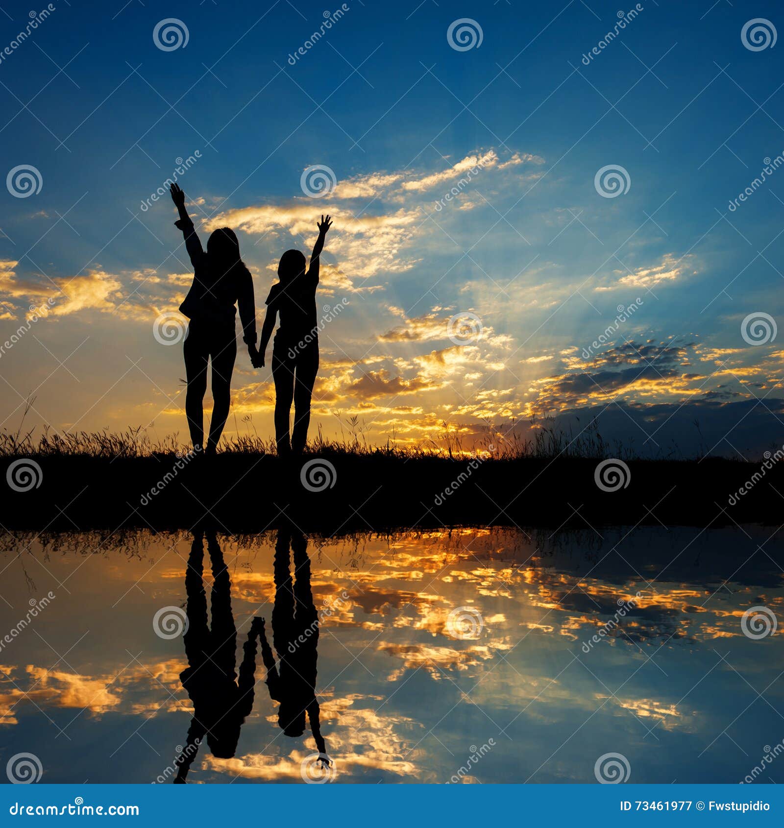 Reflection of Relax Women Standing and Sunset Silhouette Stock Image ...