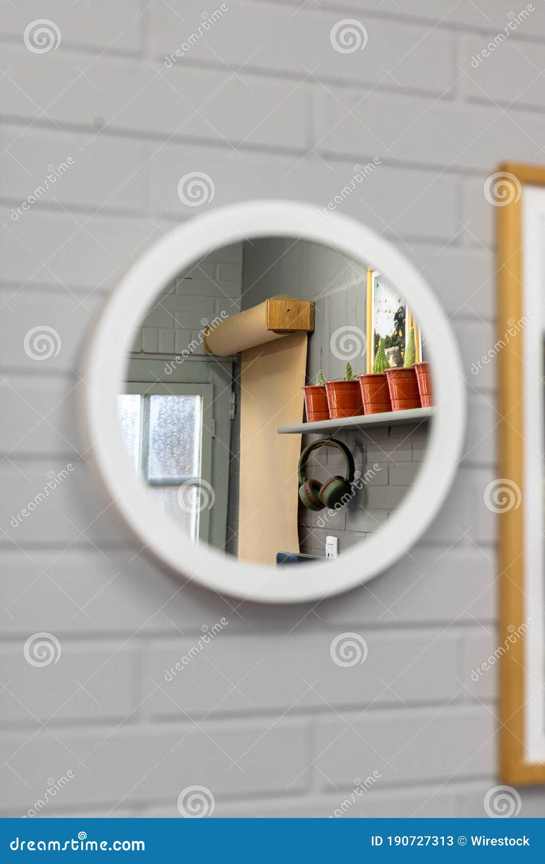 Reflection of the Room Interior on a Mirror with a Round Frame Stock ...