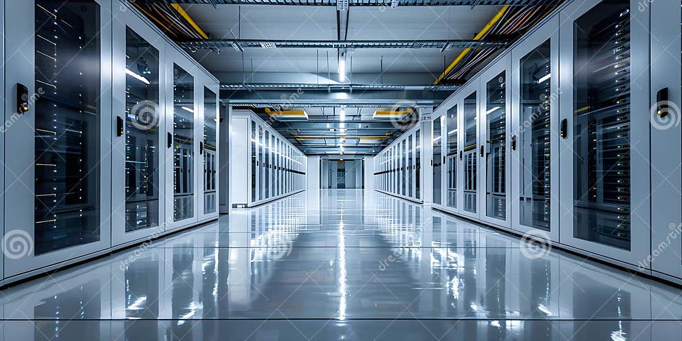 Reflection of Row of Servers in Modern Data Center on Shiny Floor with ...
