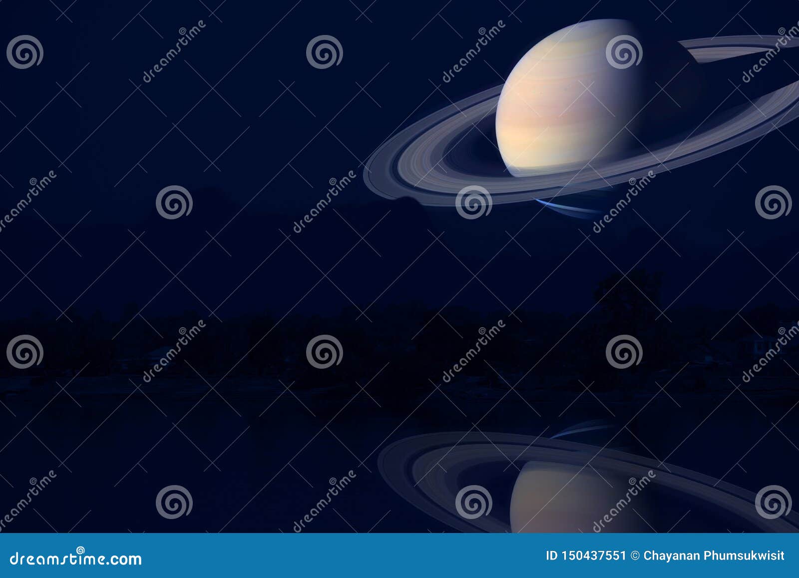 Reflection Saturn on Night Sky Back Silhouette Mountain and River Stock ...