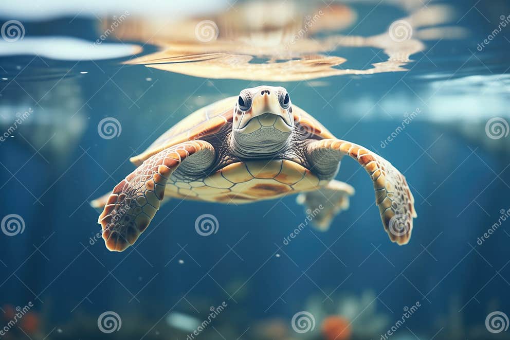Reflection of a Sea Turtle on Water Surface from Below Stock ...