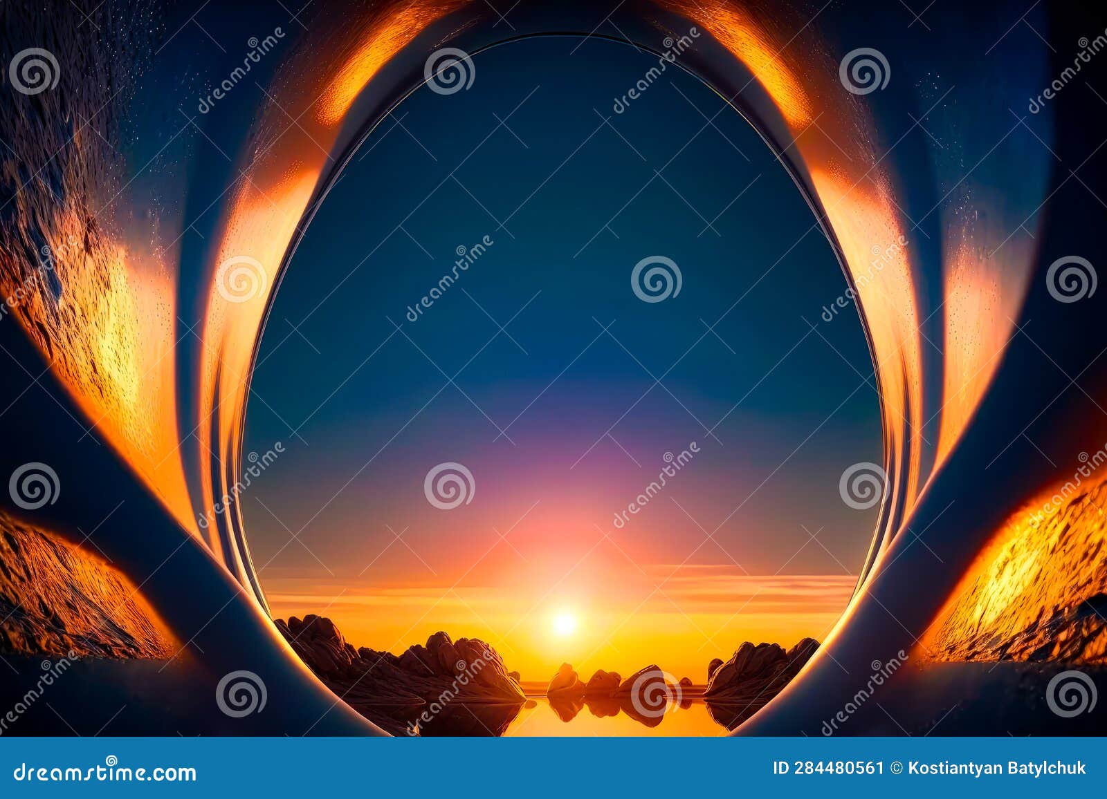 Reflection of the Setting Sun in Circular Mirror on Body of Water ...