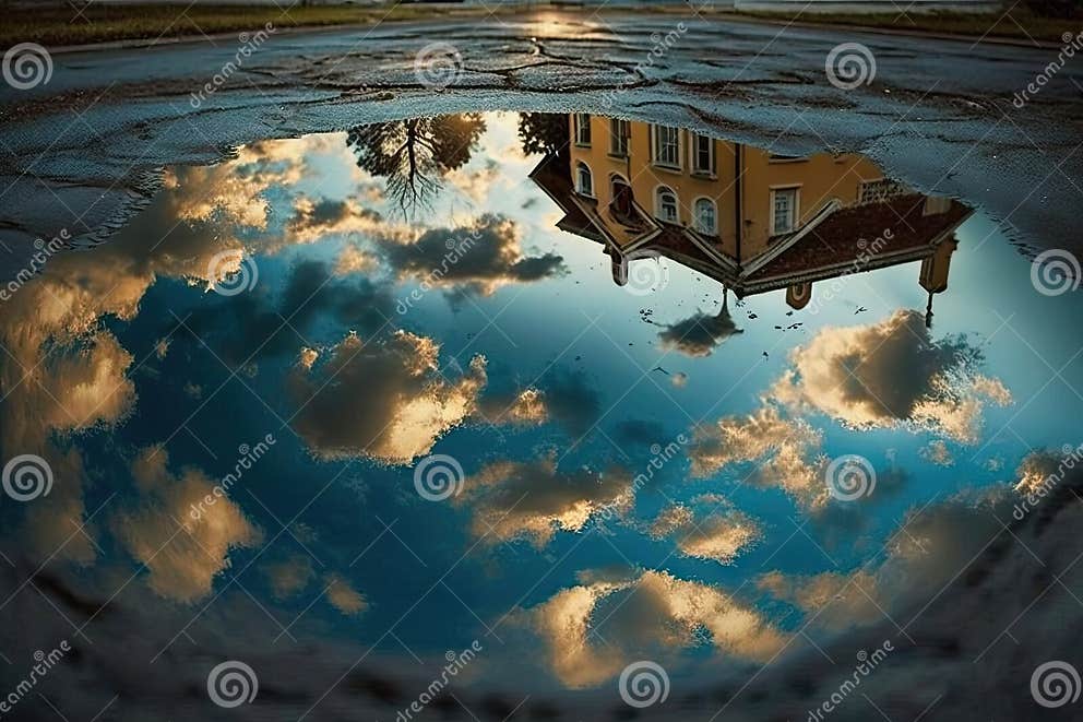 Reflection of the Sky and Clouds in Puddle from the Rain Stock Illustration - Illustration of ...