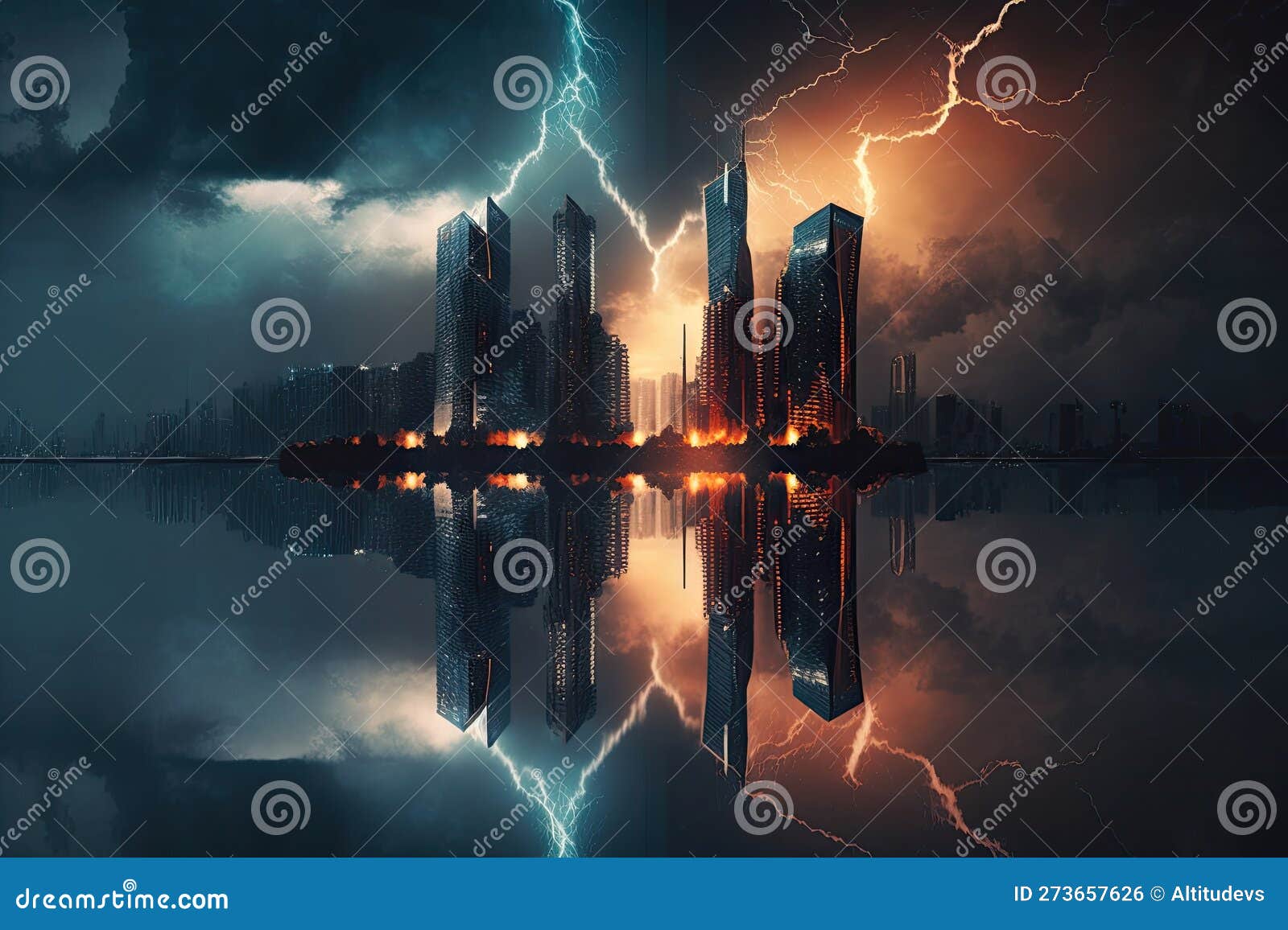 Reflection of Skyscrapers, with Dramatic Lightning Storm and Thunder in ...