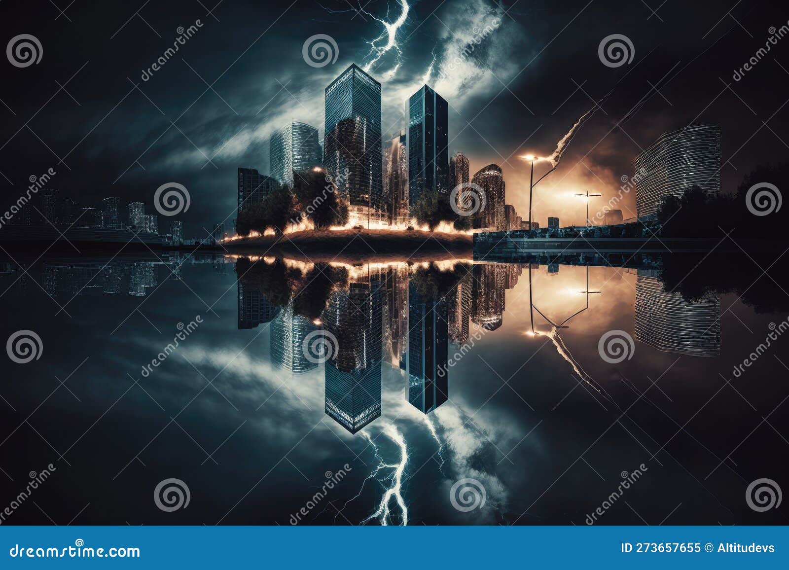 Reflection Of Skyscrapers, With Dramatic Lightning Storm And Thunder In ...