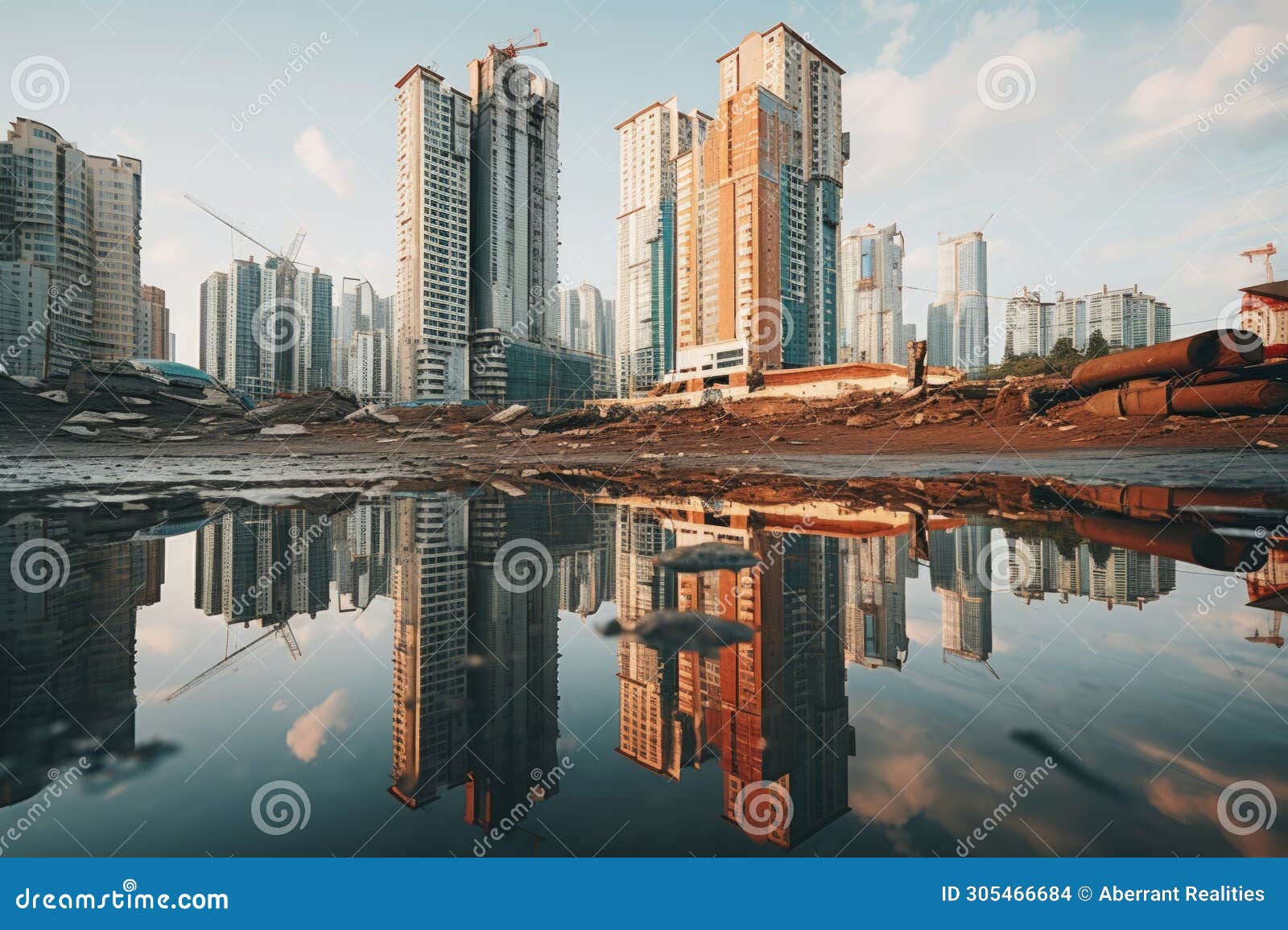 Reflection Of Skyscrapers, With Dramatic Lightning Storm And Thunder In ...