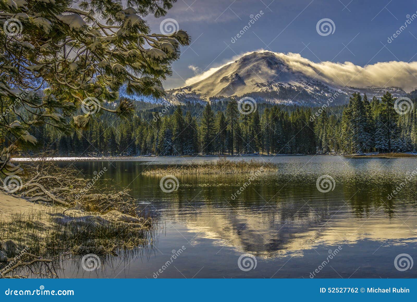 Reflection Of Snow Covered Lassen Peak And Pine Bough Manzanita Lake
