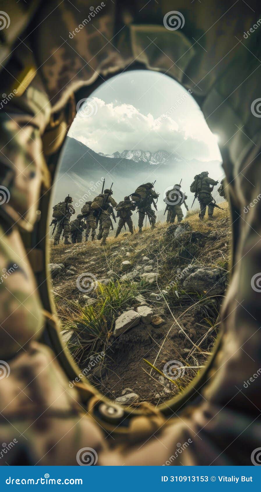Reflection of Soldiers Marching Across Field in a Mirror. Generative AI ...