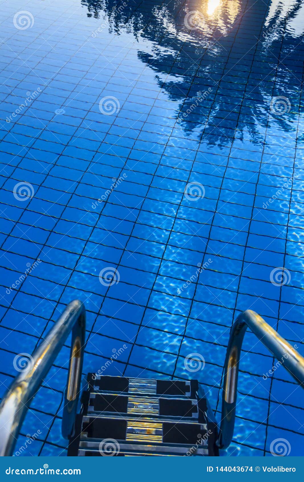 Swimming Pool with Stair. Sun on Blue Sky Water: Reflection of Sunset ...