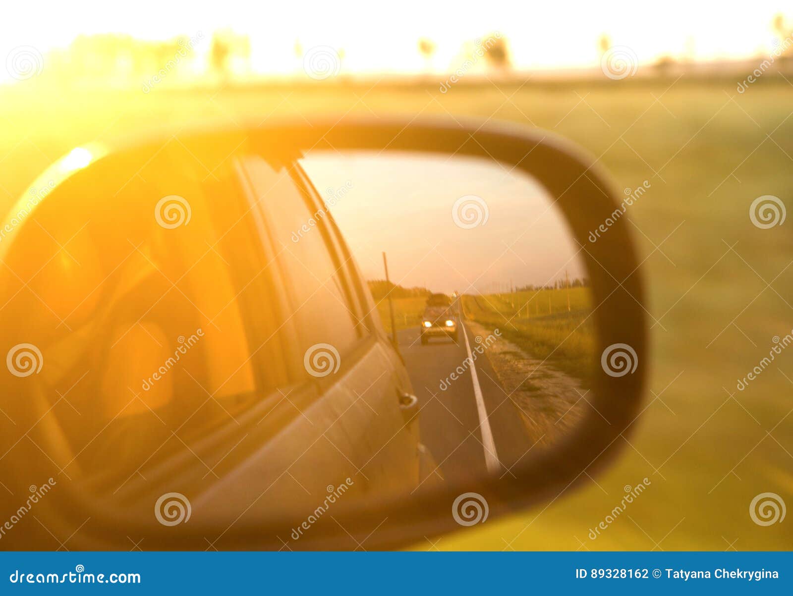 Reflection of Sunny Road and Sunset at the Car Side Mirrow. Stock Photo ...