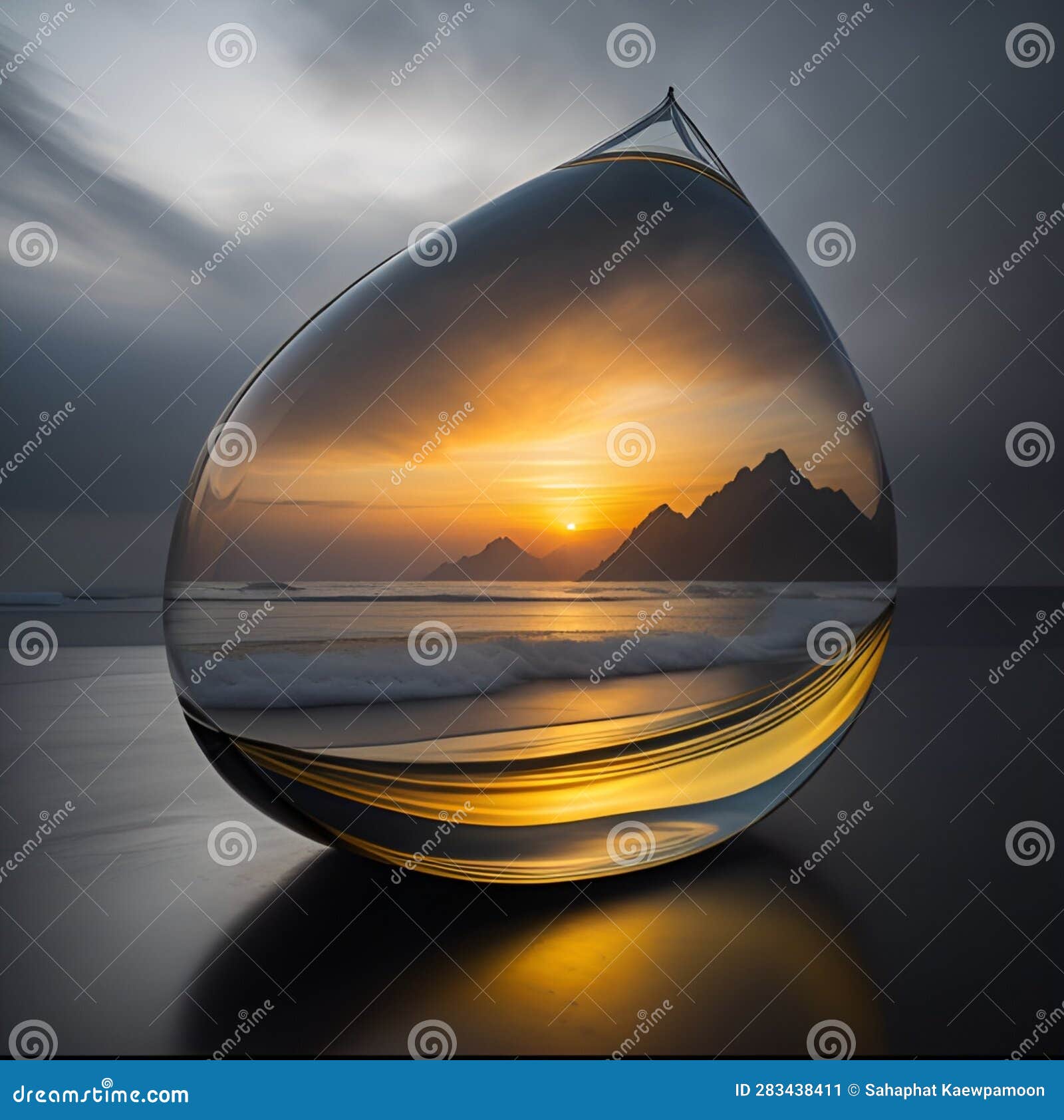 Reflection of a Sunset in a Glass Vase on the Beach Stock Illustration ...