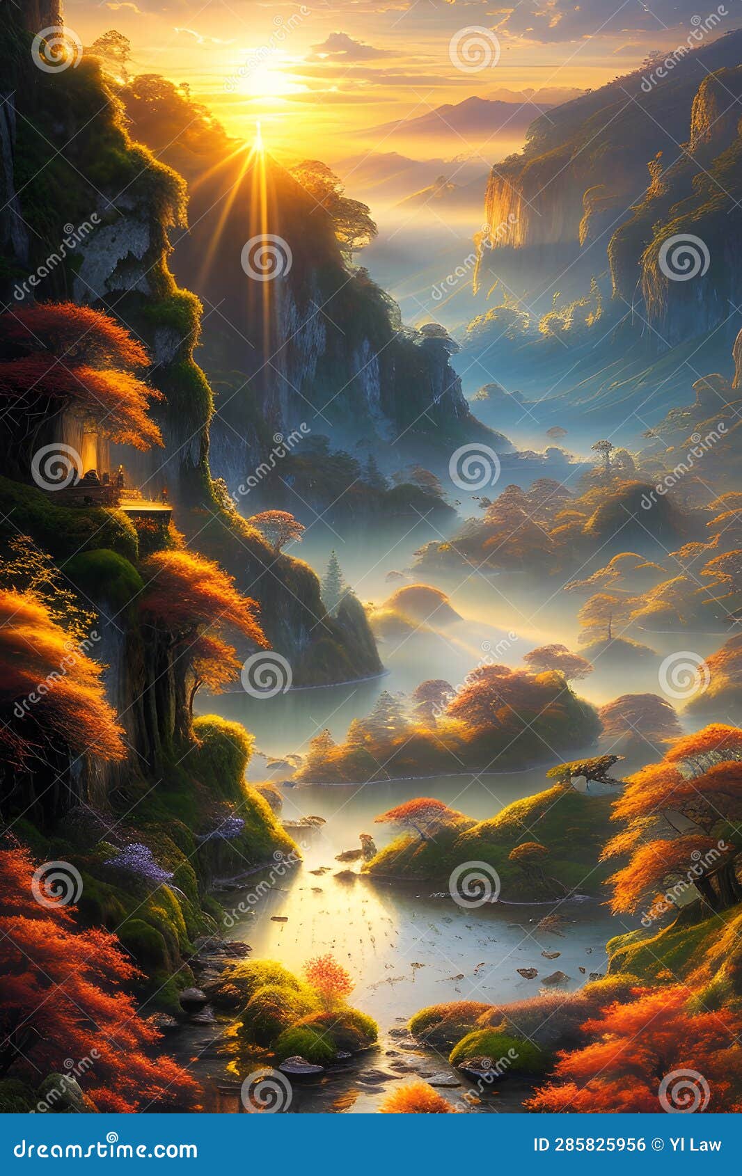 Reflection of Sunset in the River. Abstract Watercolor Painting ...