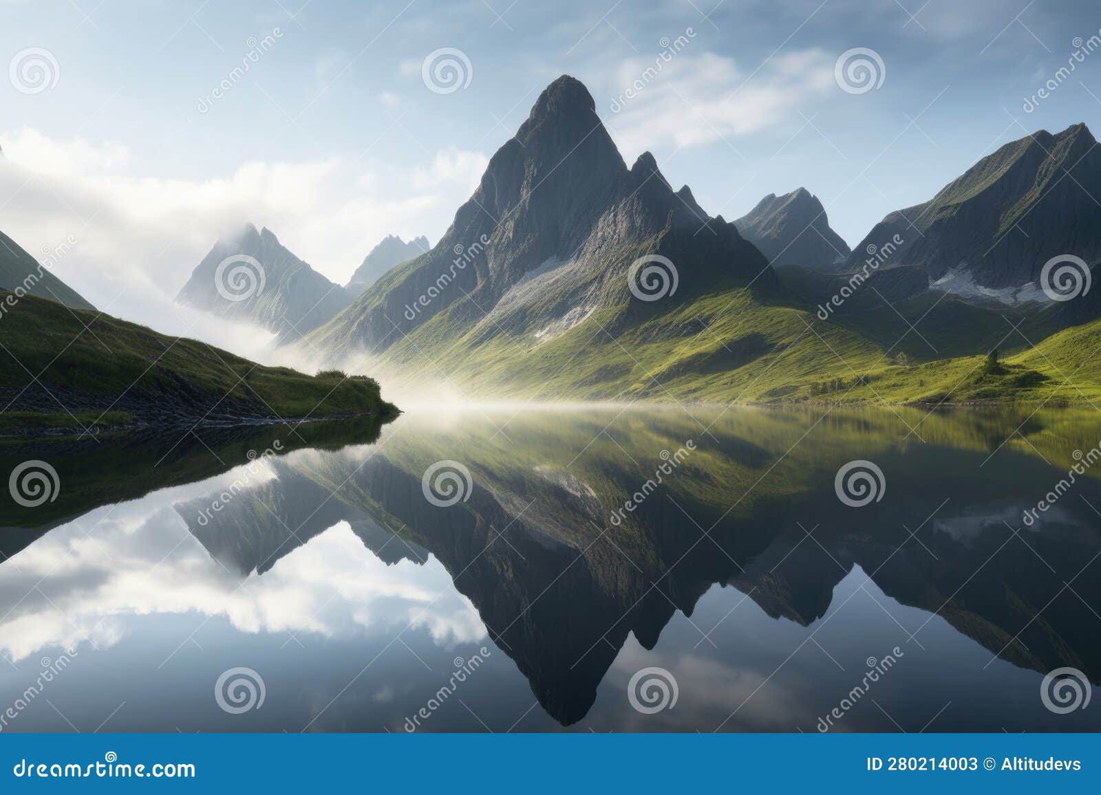 Reflection of Towering Mountain Peak in Serene Lake, with the Peaks ... Reflection of Towering Mountain Peak in Serene Lake, with the Peaks ...