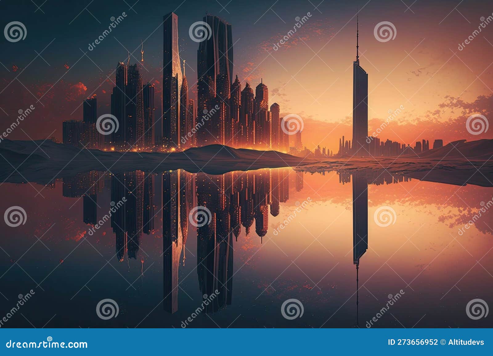 Reflection of Towering Skyscrapers and Sunset in the Ocean Stock ...