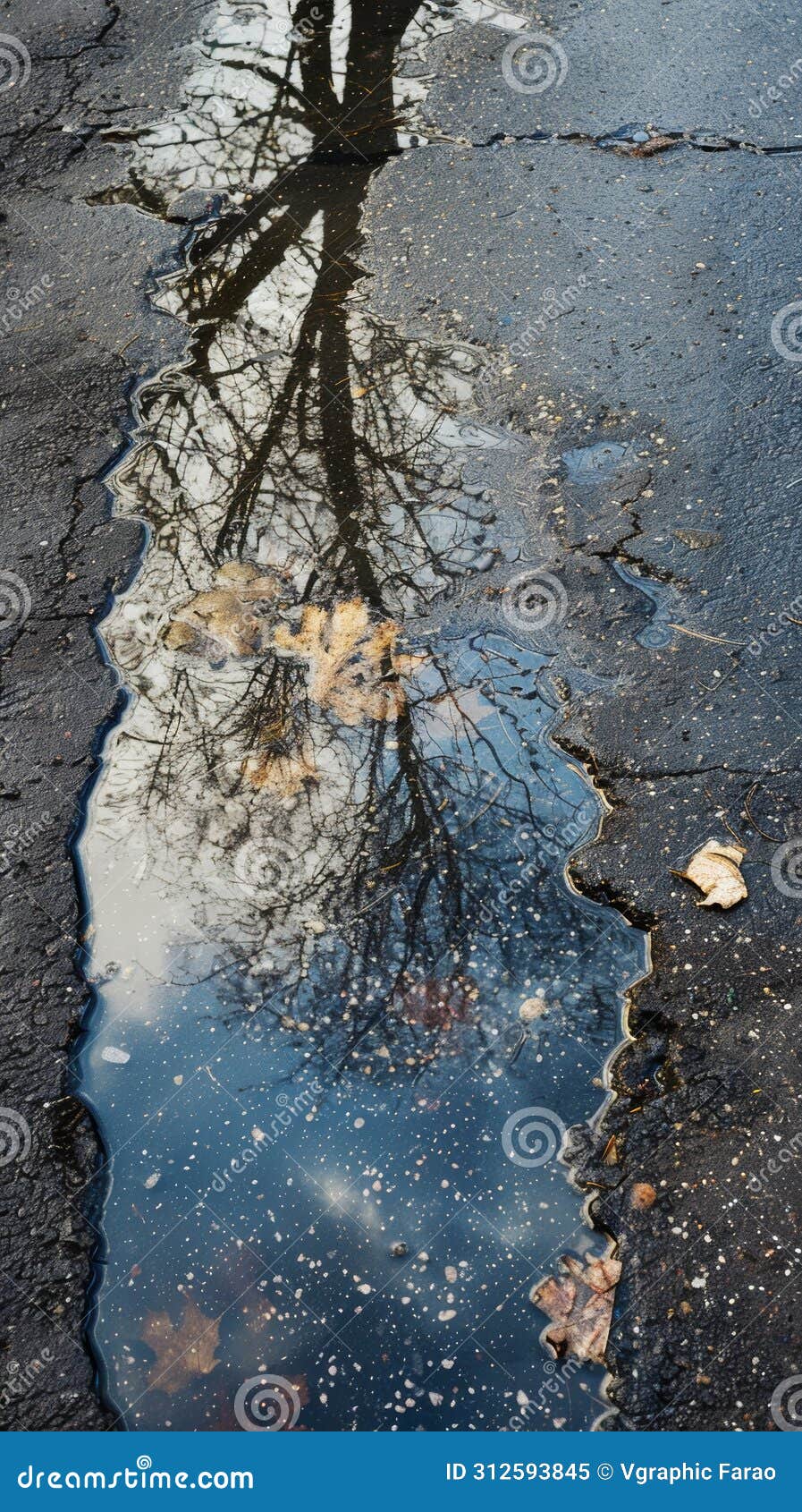 Reflection of Tree in Puddle on Asphalt Road Stock Image - Image of ...