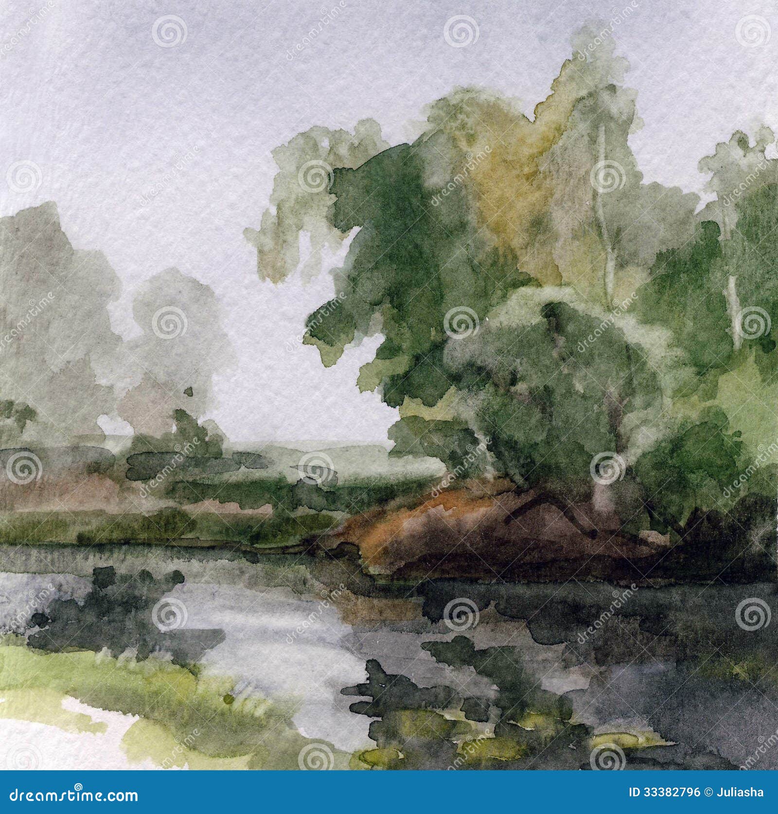 Reflection of Trees on the Shore in Water Stock Illustration ...