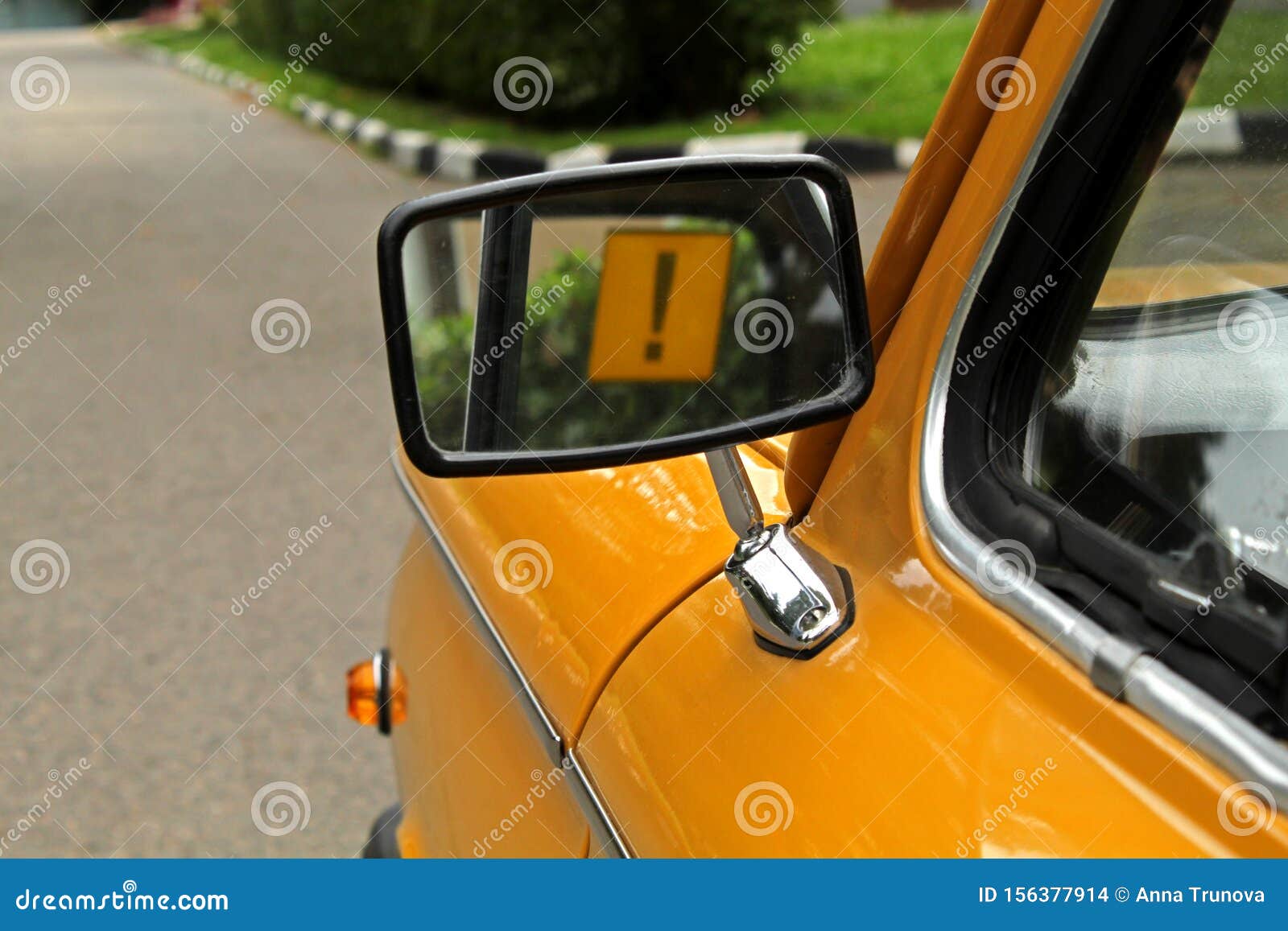 Reflection of the Warning Sign in the Mirror of the Orange Soviet Retro ...