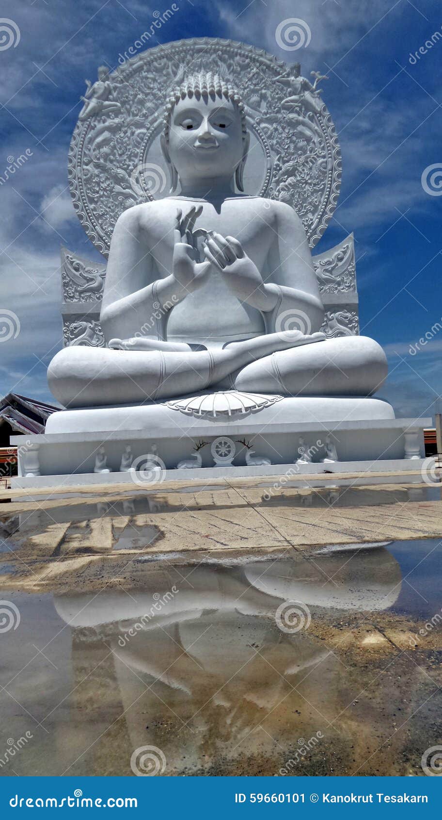 Reflection of White Cloud and Big White Buddha Sculpture Under Blue Sky ...
